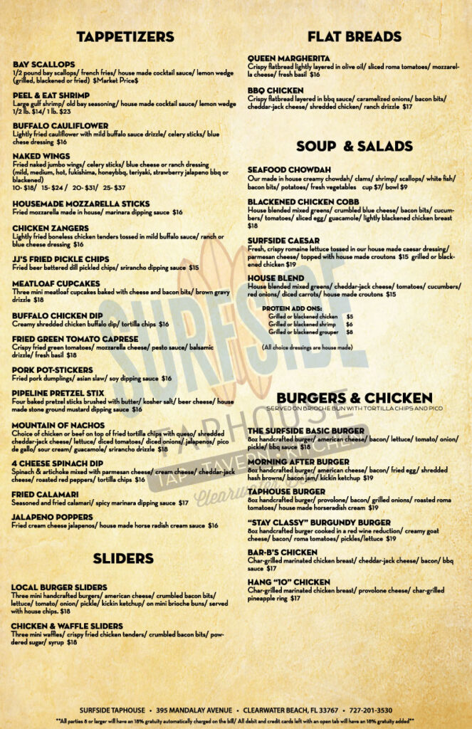 Lunch and Dinner Menu - Surfside Taphouse